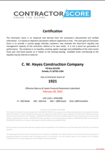 2023 Certification and Contractor Score - CW Hayes Construction Company